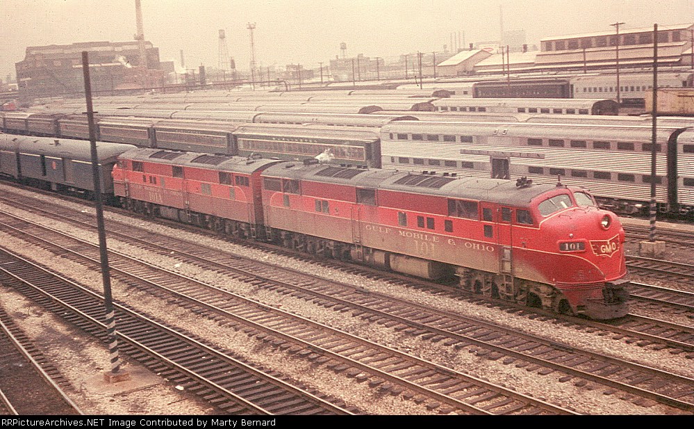 GM&O 101 and 101A in Front of the CB&Q Coach Yard Taken from the 12th St. Bridge